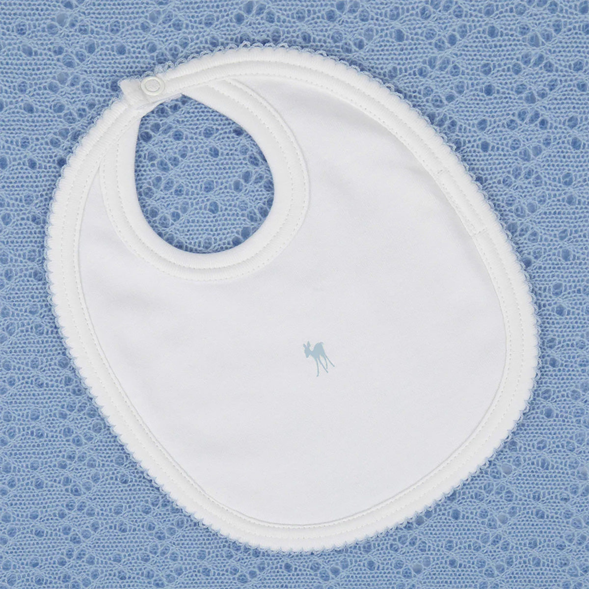 Baby Fawn Bib with blue picot stitched edge by G.H.Hurt & Son